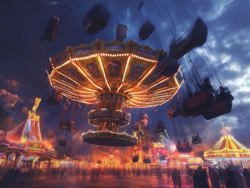 Fantasy Amusement Park Scene Carousel Dark Sky Glowing Lights Whimsical ...