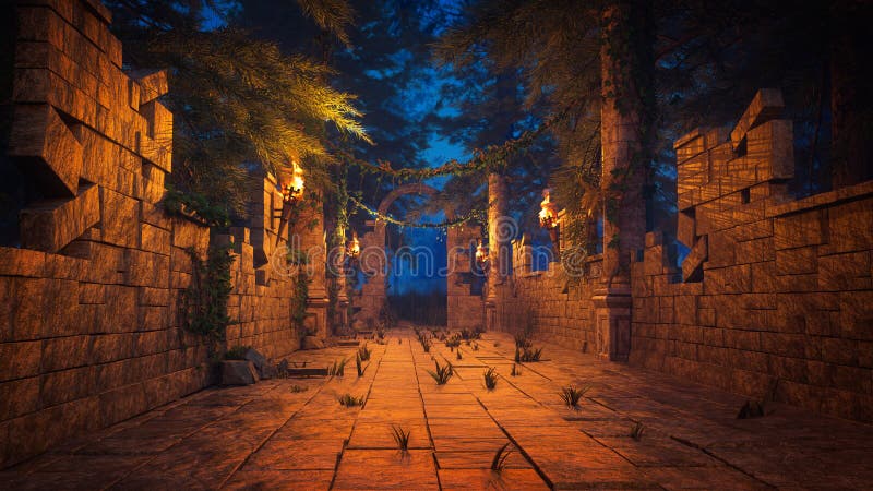 Fantasy Ancient Stone Ruins in a Jungle at Night Lit by Fire Torches on ...