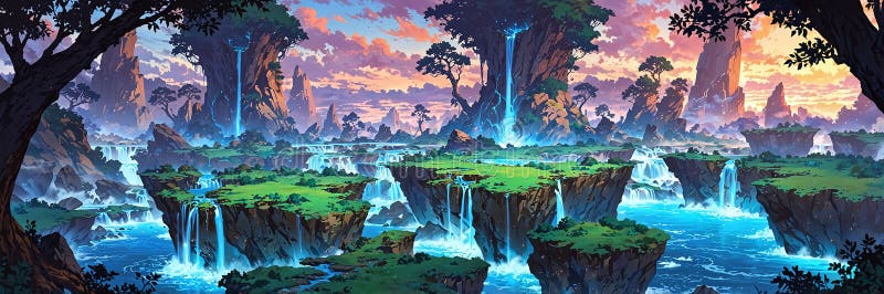 Fantasy Anime Kingdom with Floating Islands and Castles Stock ...