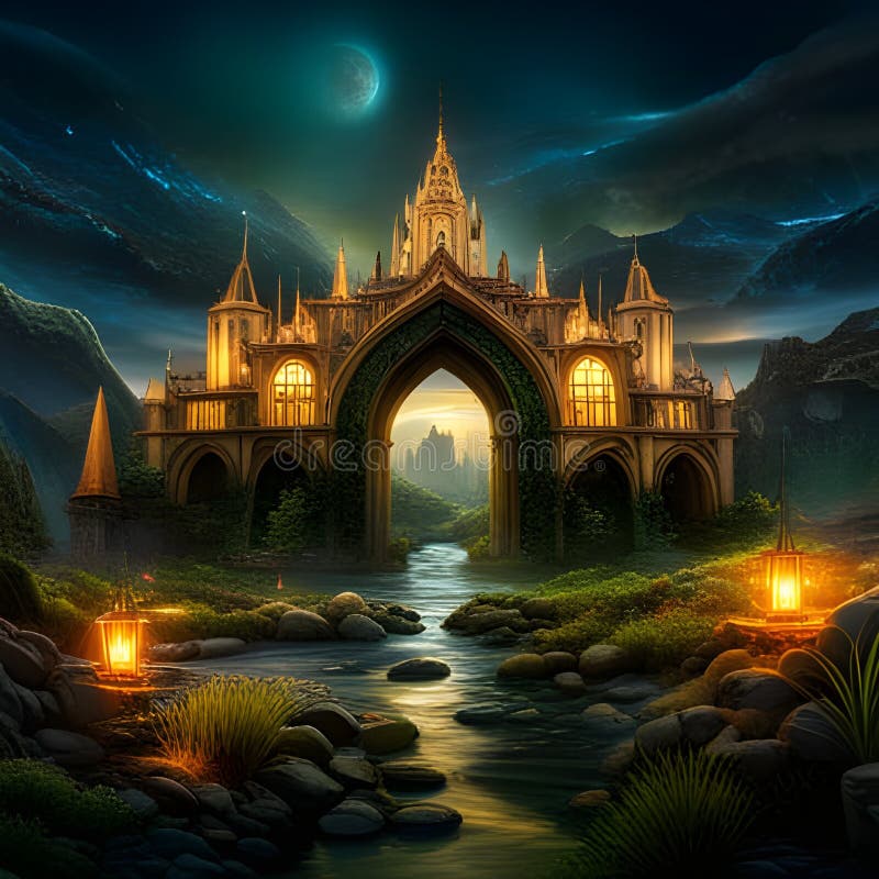 A Fantasy Arch in the Moonlight with a River Running through it Stock ...
