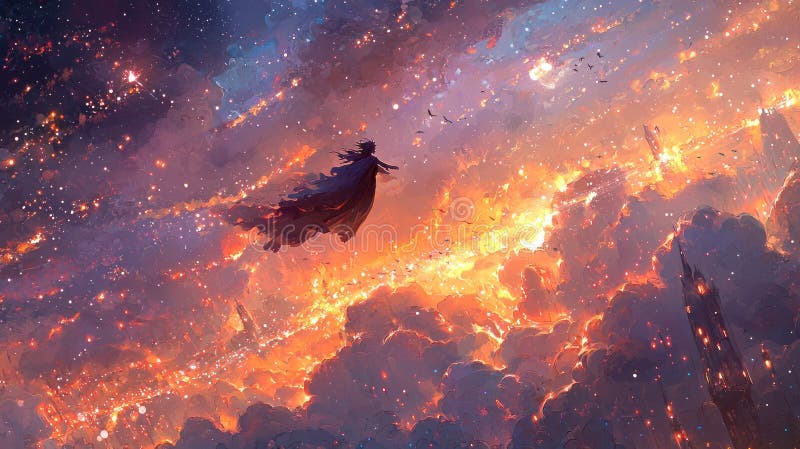 Fantasy Art, Figure Soars through Burning Sky, Sparks and Clouds Stock ...