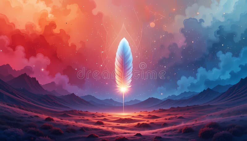 Fantasy Art, Luminous Feather in Vibrant Celestial Scene Stock ...