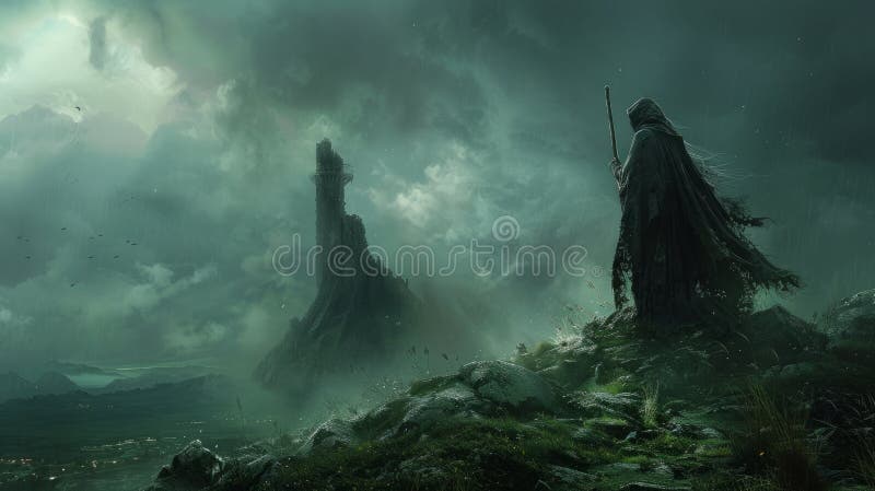 Fantasy Artwork, a Mystical Landscape with a Cloaked Figure and ...