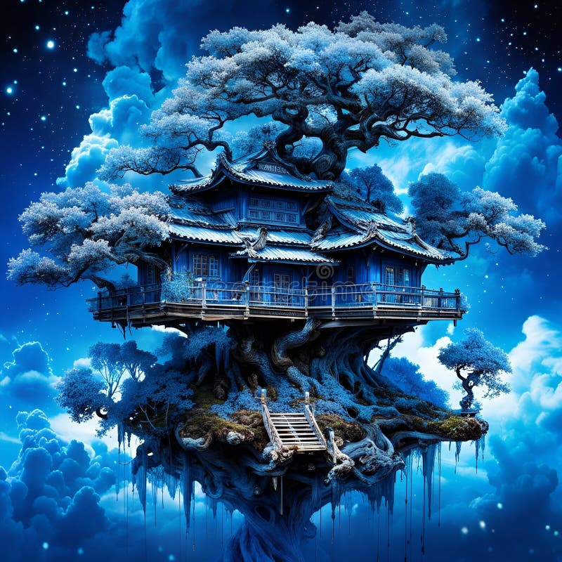 Fantasy Asian Temple on a Tree in the Clouds Stock Illustration ...
