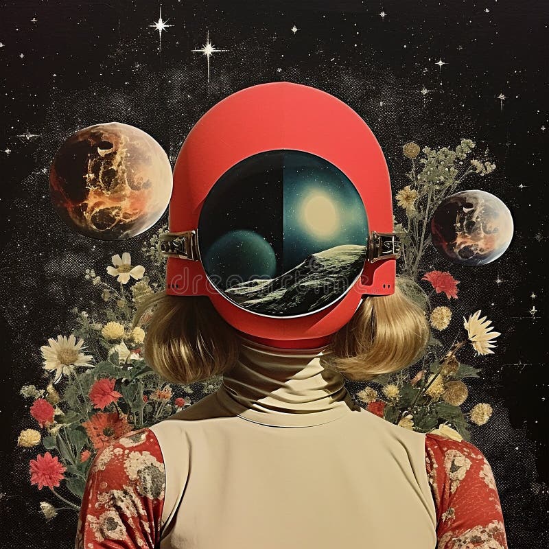 Fantasy Astronaut Girl in Space with Flowers and Planets Stock ...