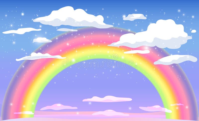 Fantasy Background of Blue Magic Sky with Rainbow, Clouds and Sparkling ...