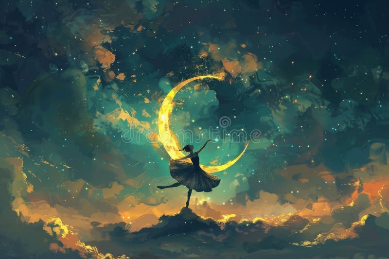 Fantasy Ballerina Silhouette Dancing with the Moon in Starry Night Sky ...
