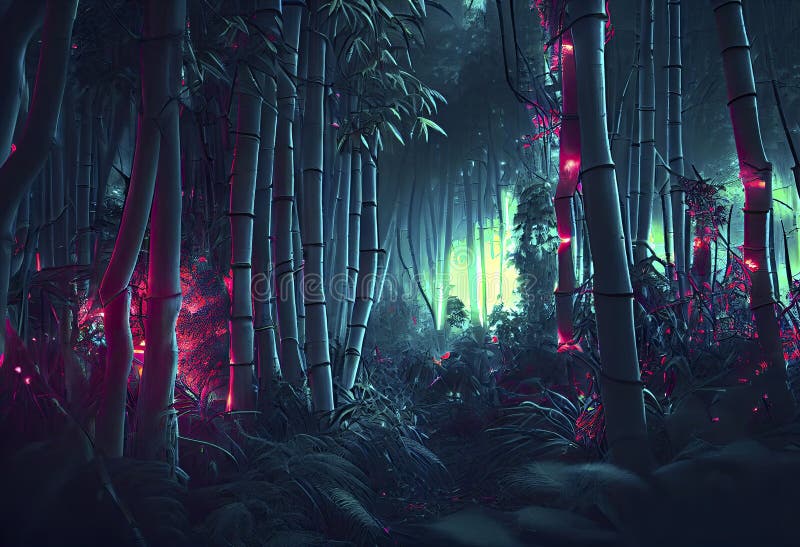 Fantasy Bamboo Forest, Neon Colors, Magical Lights in the Forest ...