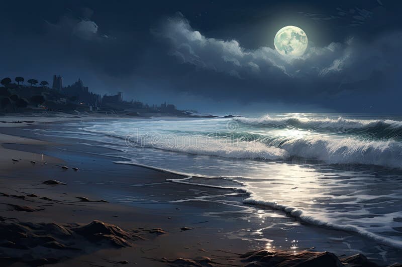 Fantasy Beach at Night with Full Moon. 3D Illustration, AI Generated ...