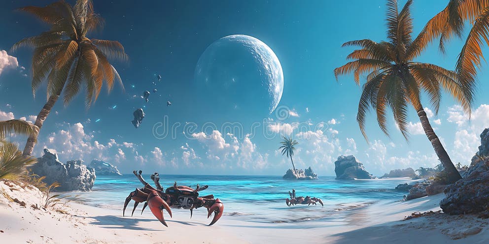 Fantasy Beach Scene Surreal Artwork with Palm Trees and Celestial Moon ...