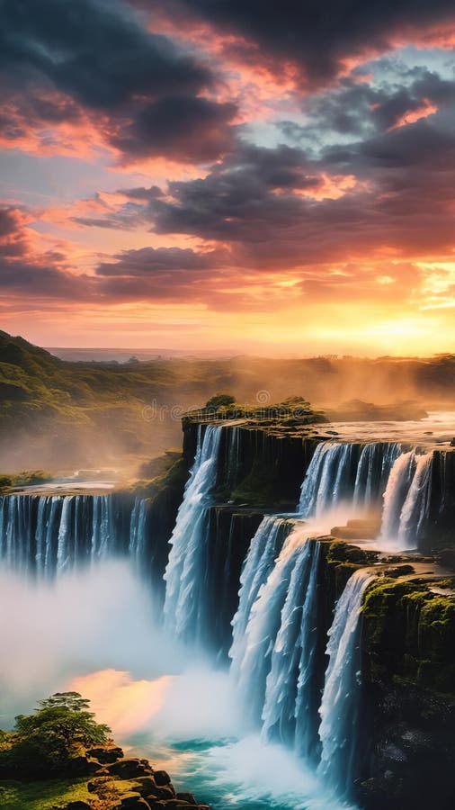 Fantasy Landscape with Waterfall at Sunset Stock Image - Image of ...