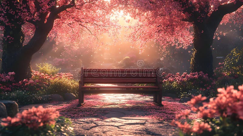Fantasy Bench in a Blooming Garden Illustration Stock Illustration ...