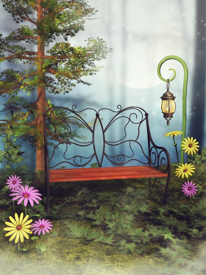 Fantasy bench and flowers stock illustration. Illustration of tree ...
