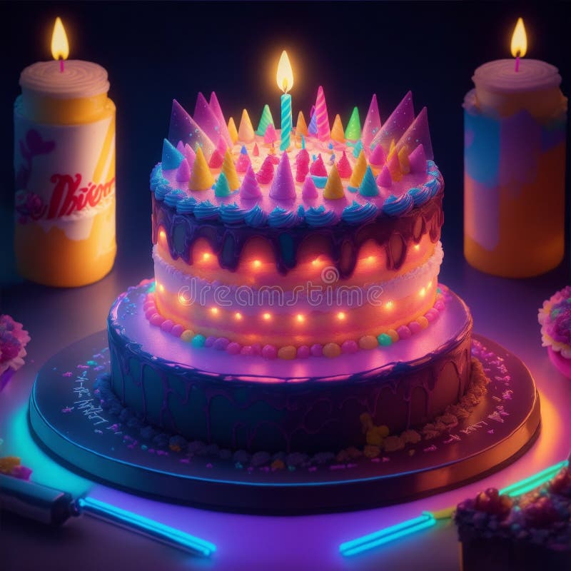 Fantasy Birthday Cake with Glowing Neon Lights Stock Illustration ...