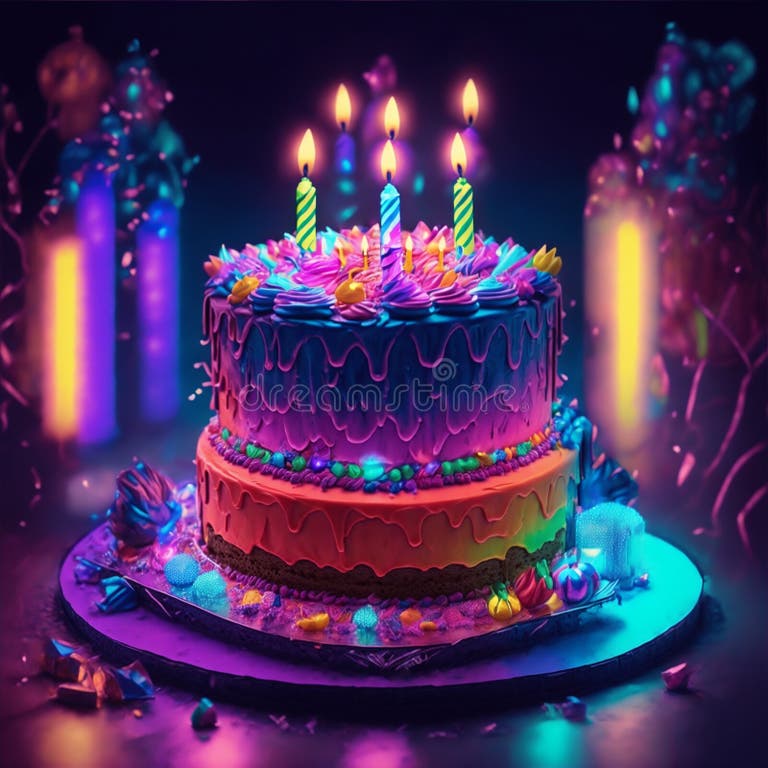 Fantasy Birthday Cake with Glowing Neon Lights Stock Illustration ...
