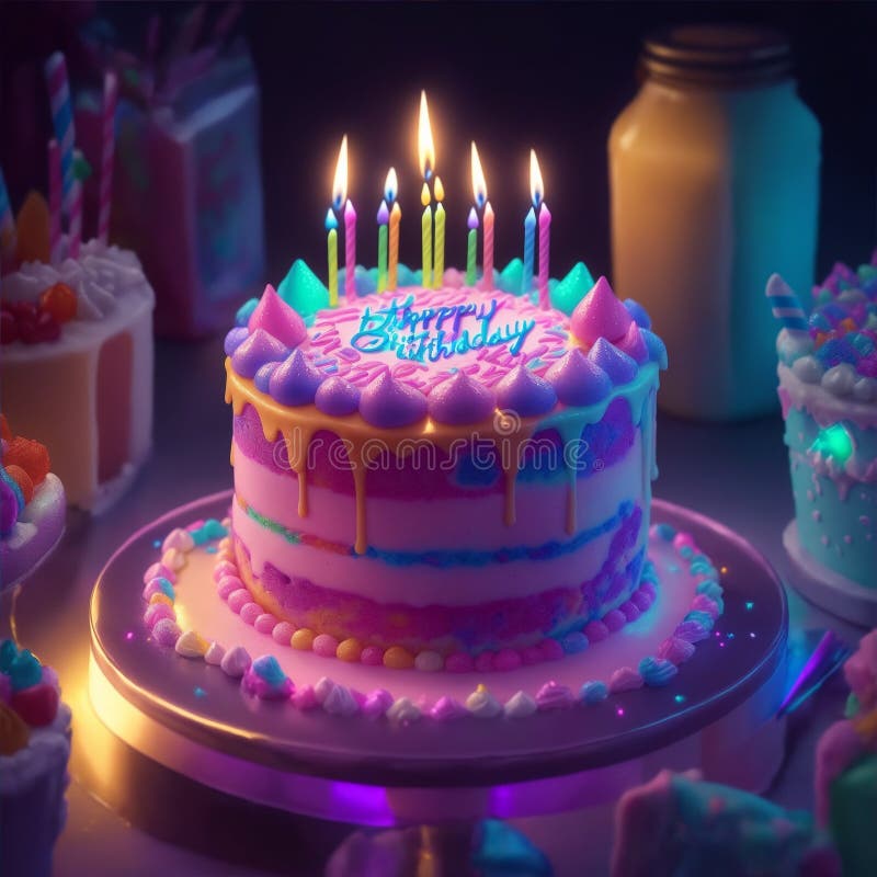 Fantasy Birthday Cake with Glowing Neon Lights Stock Illustration ...