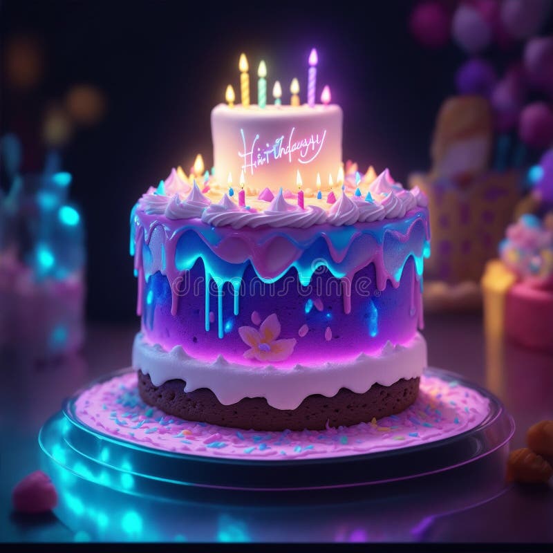 Fantasy Birthday Cake with Glowing Neon Lights Stock Illustration ...