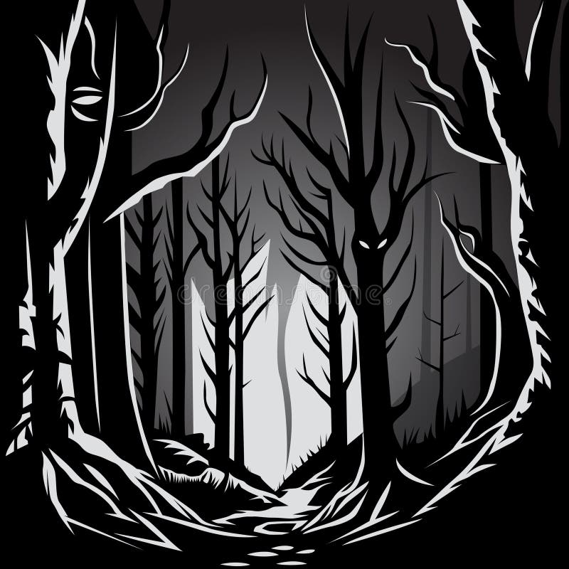 Fantasy Black and White Dark Forest. Vector Illustration Stock Vector ...