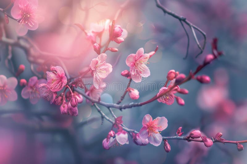 Fantasy Blossoming Sakura Tree with Magic Bright Pink Neon Petals Stock ...