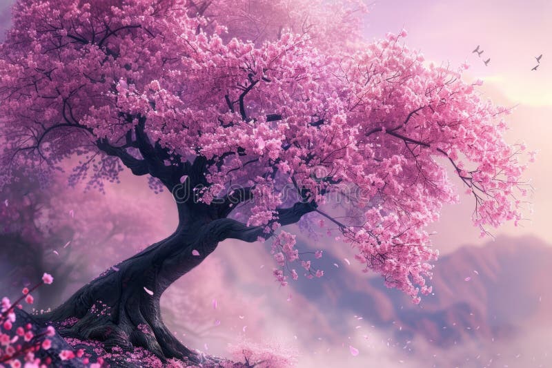 Fantasy Blossoming Sakura Tree with Magic Bright Pink Neon Petals Stock ...