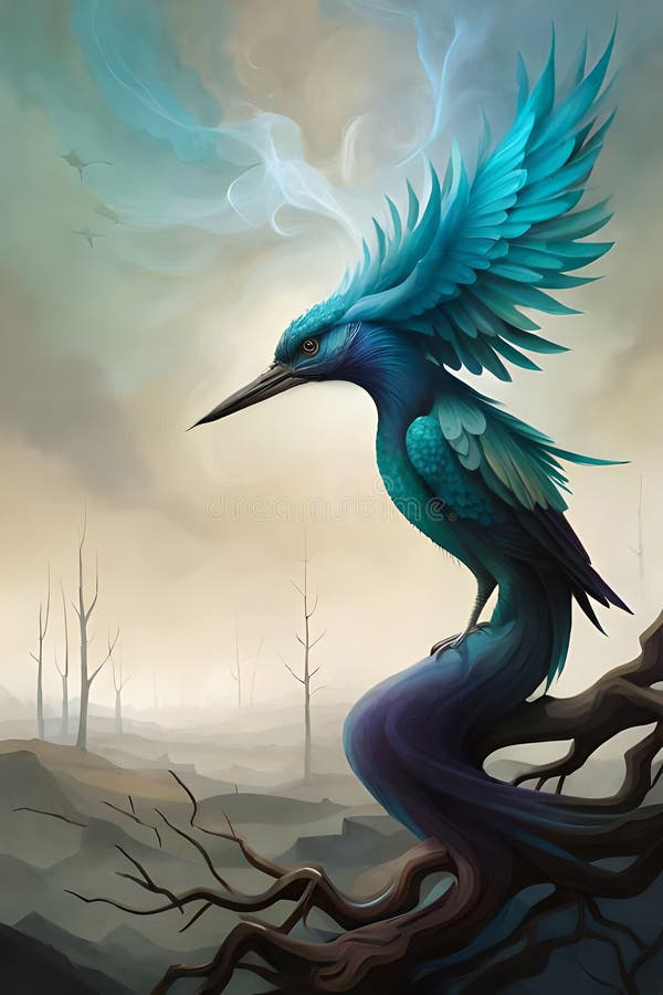 Fantasy Blue Bird is Sitting on a Branch in Magic Stock Illustration ...