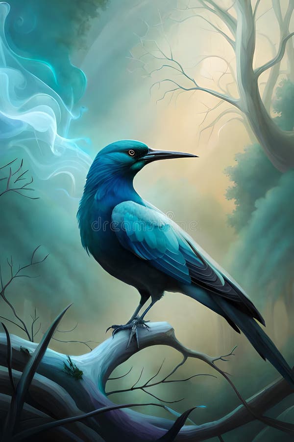 Fantasy Blue Bird is Sitting on a Branch in Magic Stock Illustration ...