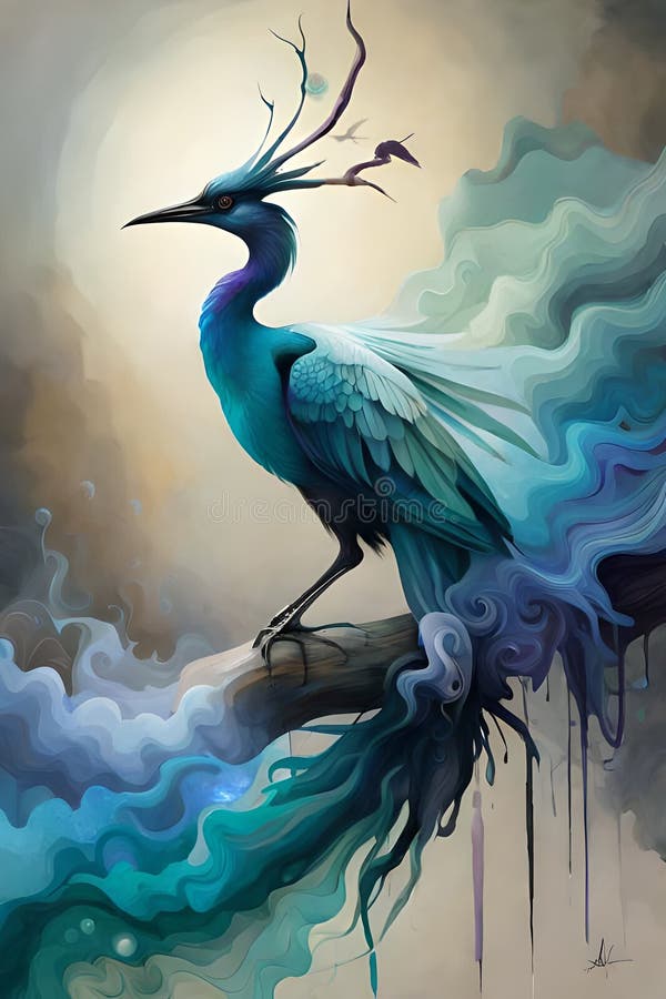 Fantasy Blue Bird is Sitting on a Branch in Magic Stock Illustration ...
