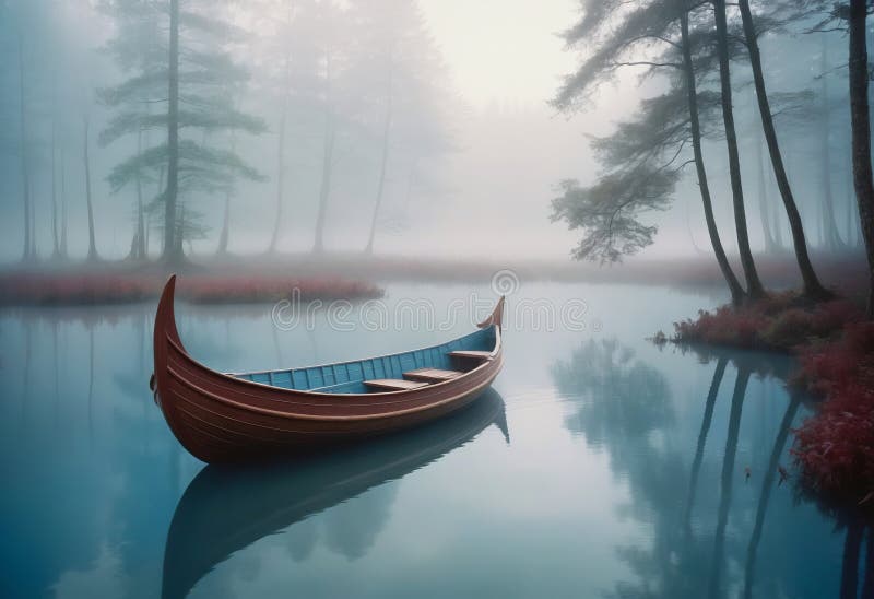 Fantasy Boat on a Misty Lake Stock Illustration - Illustration of ...