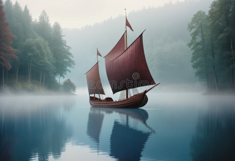 Fantasy Boat on a Misty Lake Stock Illustration - Illustration of ...