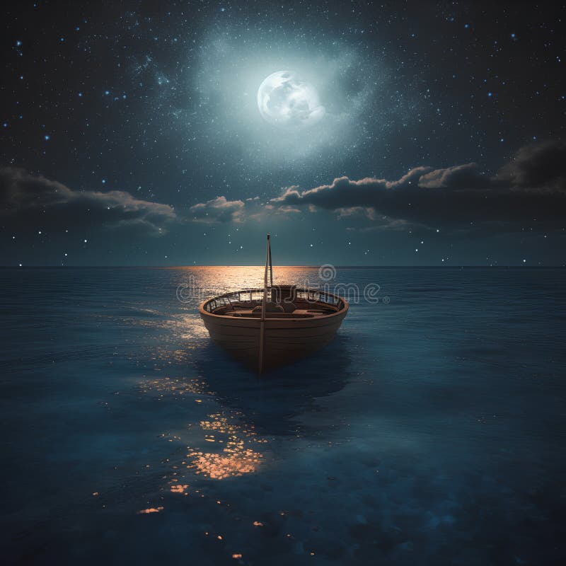 Fantasy Boat in the Sea at Night. 3D Illustration Stock Illustration ...