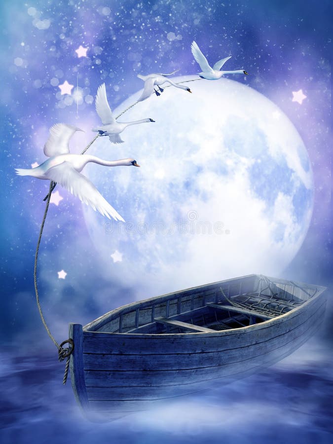 Fairytale moon with swans stock illustration. Illustration of cloud ...