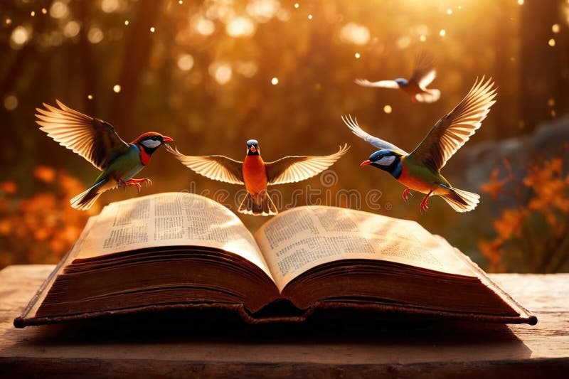 Fantasy Book with Birds Flying Over Open Book, Magical Imagination from ...