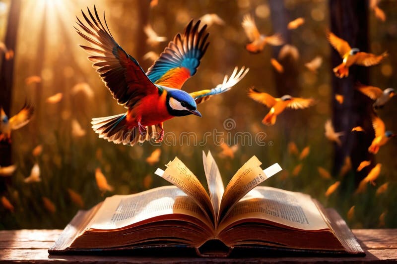 Fantasy Book with Birds Flying Over Open Book, Magical Imagination from ...