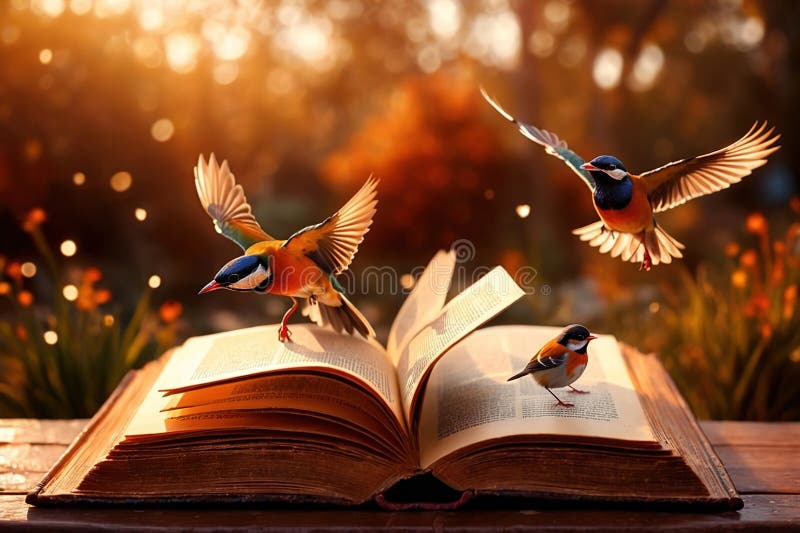 Fantasy Book with Birds Flying Over Open Book, Magical Imagination from ...