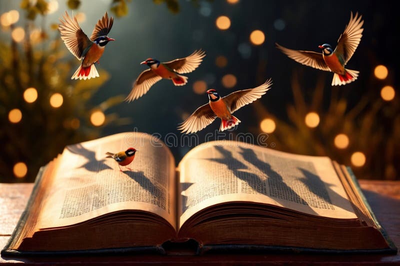 Fantasy Book with Birds Flying Over Open Book, Magical Imagination from ...