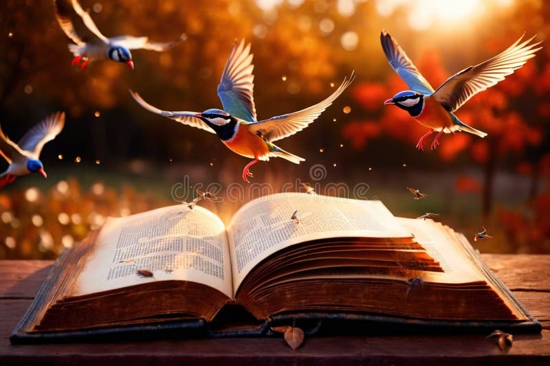 Fantasy Book with Birds Flying Over Open Book, Magical Imagination from ...