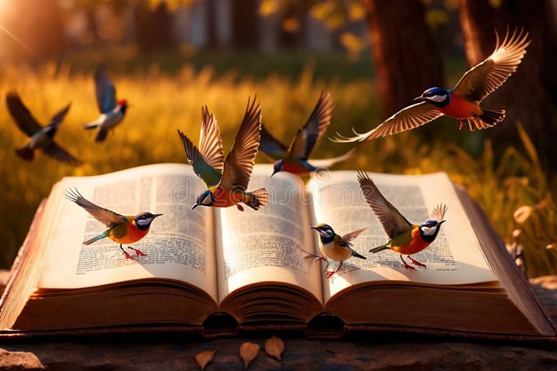 Fantasy Book with Birds Flying Over Open Book, Magical Imagination from ...