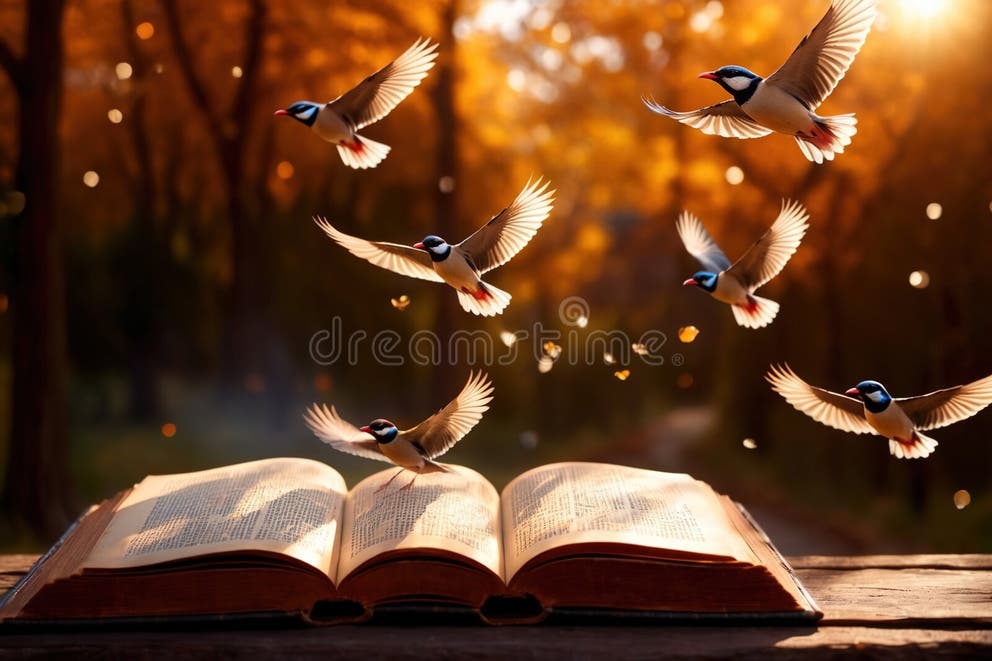 Fantasy Book with Birds Flying Over Open Book, Magical Imagination from ...
