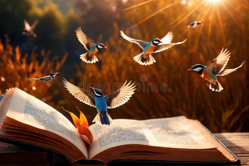 Fantasy Book with Birds Flying Over Open Book, Magical Imagination from ...