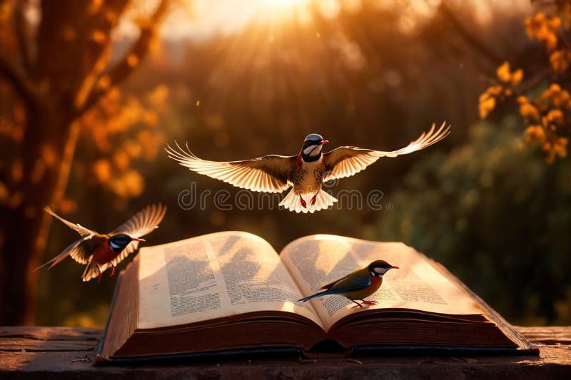 Fantasy Book with Birds Flying Over Open Book, Magical Imagination from ...