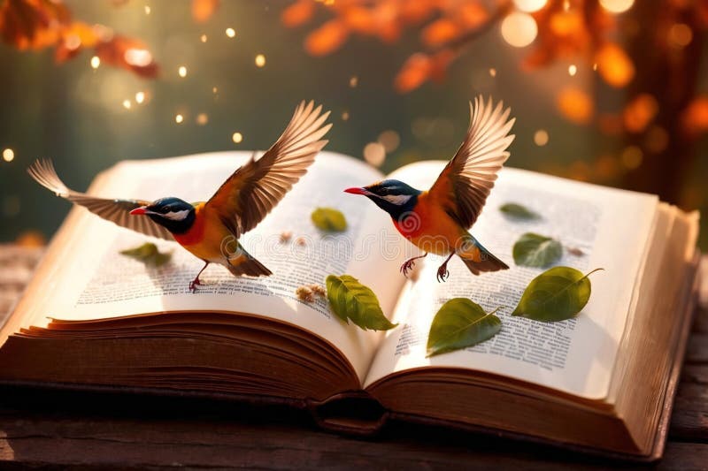 Fantasy Book with Birds Flying Over Open Book, Magical Imagination from ...