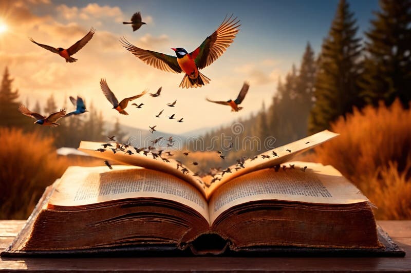 Fantasy Book with Birds Flying Over Open Book, Magical Imagination from ...