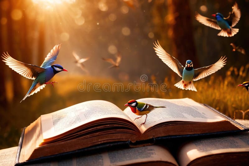 Fantasy Book with Birds Flying Over Open Book, Magical Imagination from ...