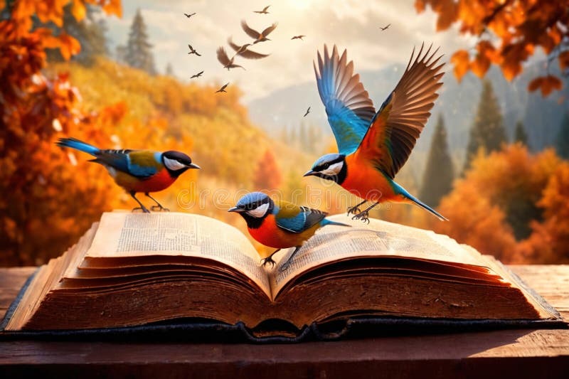 Fantasy Book with Birds Flying Over Open Book, Magical Imagination from ...