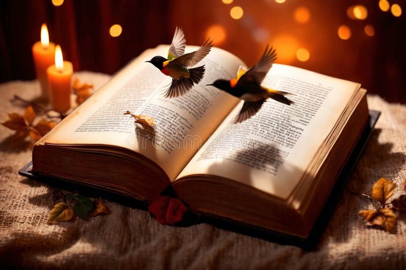 Fantasy Book with Birds Flying Over Open Book, Magical Imagination from ...