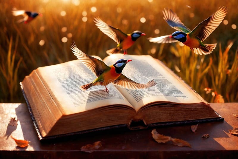 Fantasy Book with Birds Flying Over Open Book, Magical Imagination from ...