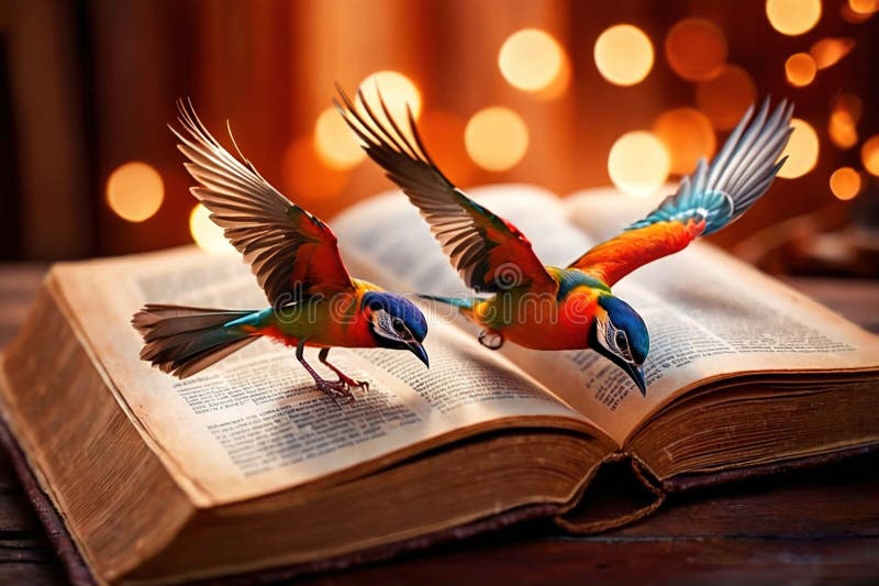 Fantasy Book with Birds Flying Over Open Book, Magical Imagination from ...