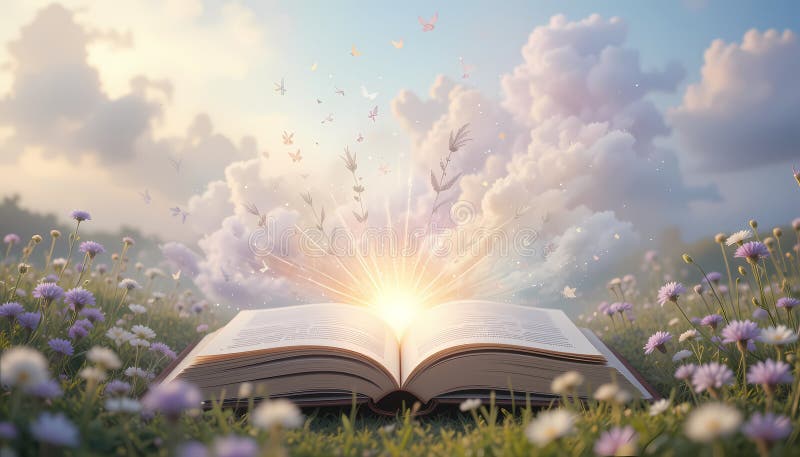 Fantasy Book in a Field, Magical Light, Birds Stock Illustration ...
