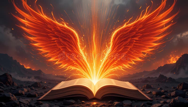 Fantasy Book with Fiery Wings, Power, Magic, and Mythology Stock ...
