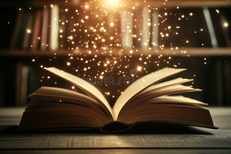 Fantasy Book with Glowing Particles in a Cozy Library Setting Stock ...